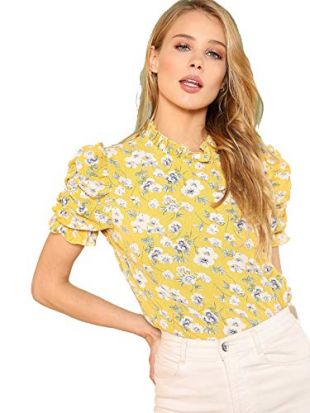 romwe - Romwe Women's Elegant Floral Print Short Sleeve Blouse Tops ...