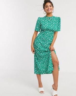 ASOS DESIGN - ASOS DESIGN - Robe mi-longue fendue avec boutons et imprimé fleuri - Vert | ASOS