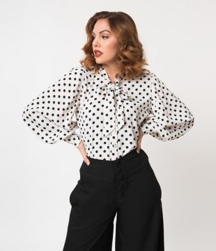 Unique Vintage - Unique Vintage White & Black Polka Dot Crepe Neck Tie Gwen Blouse