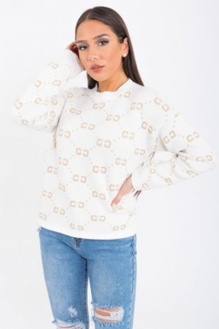 Cinelle Boutique - Pull blanc motif doré