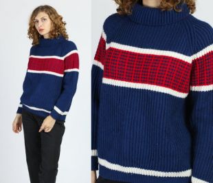 Unbranded - 70s Navy Blue Striped Knit Neck Sweater - Grand Pull d ...