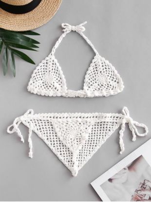 Zaful - Halter String Crochet Bikini Swimsuit WHITE