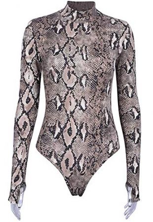 sorrica - Long Sleeve Snake Skin Print Bodysuit Jumpsuit Mock Neck ...