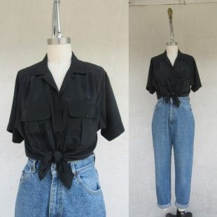 Unbranded - 80s 90s Black Boxy Double Pocket Button Top Blouse Top Shirt, Oversized Minimalist ...