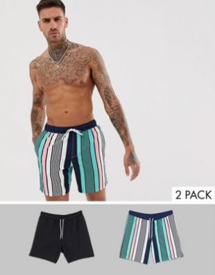 ASOS DESIGN - swim shorts in stripe & black mid length 2 pack multipack ...