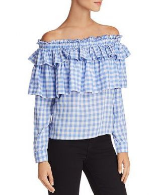 Aqua - Gingham Off The Shoulder Ruffle Top