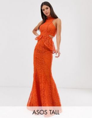 ASOS DESIGN - high neck lace maxi dress with cut outs and fishtail hem