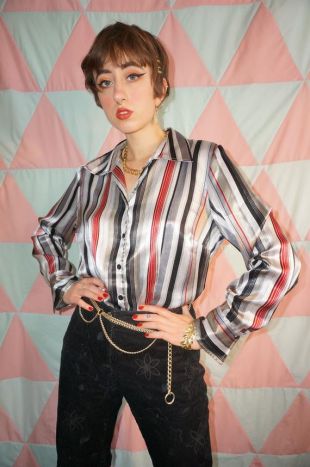 Unbranded - vintage 90s Rouge / Noir / Gris Pinstripe Shiny Satin Shirt