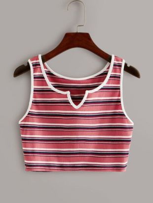 romwe - Striped Notch Crop Ringer Tank Top