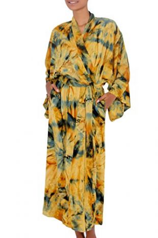 novica - Yellow Women's Batik Robe, Golden Firebirds' (One Size Fits Most)