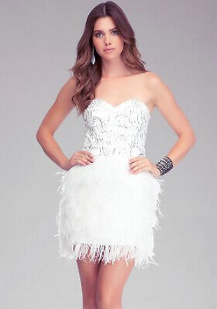 bebe - White Isis Sequin Ostrich Feather Strapless Bustier Bride ...