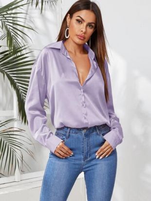 Shein - Solid Button Up Satin Blouse