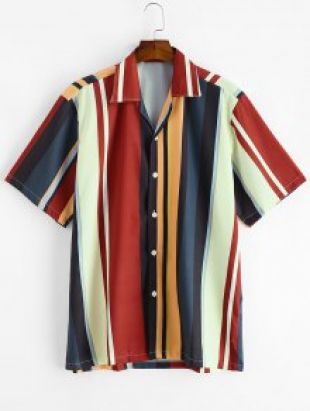 Zaful - Colorblock Stripes Button Up Shirt - Multi-a L