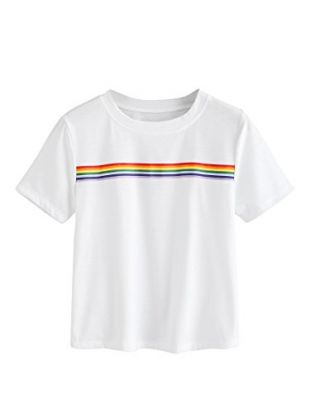 romwe - Women's Summer Rainbow Color Block Striped Crop Top School Girl ...