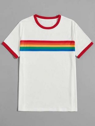 Shein - Men Rainbow Stripe Contrast Binding Tee
