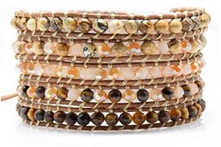 blupear - Tiger Eye Jasper and Pink Jade Wrap Bracelet Natural Brown ...