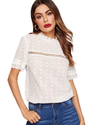 romwe - Romwe Women's Short Sleeve Stand Collar Embroidery Button Slim ...