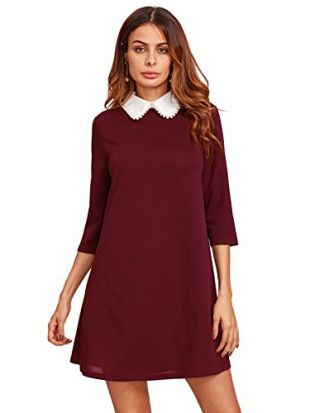 floerns - Women's Peter Pan Collar Long Sleeve Short Tunic Dress Burgundy