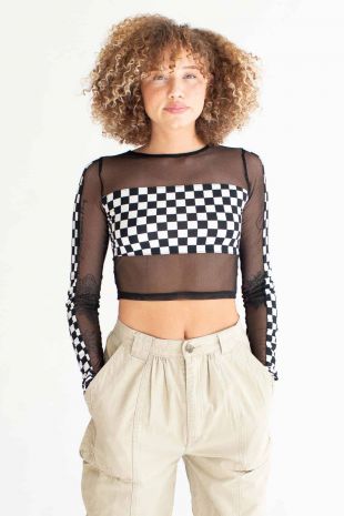 ragstock - Checkered Stripe Mesh Long Sleeve Top