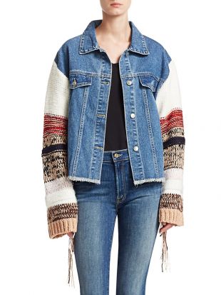 scripted - Fringed Knit-Sleeve Denim Jacket