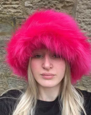 Unbranded - Hot Pink Fuzzy Bucket Hat-Festival Hat-Floppy Hat-Fur Hat-Fake