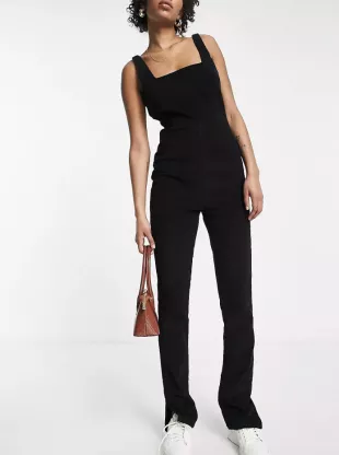 Asos - cord fitted jumpsuit with split hem in black