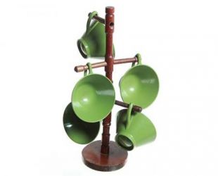Joan Harris' Wood Cup Tree with Green Plastic Cups
