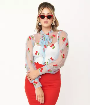 Unique Vintage - Blue & Cherry Embroidered Sheer Gwen Blouse
