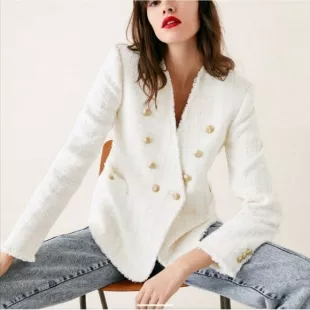 Zara - Fringed Frayed Tweed White Jacket Blazer