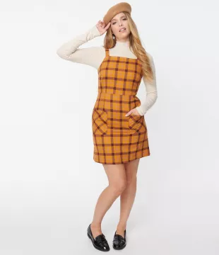 Unique Vintage - Retro Style Mustard & Burgundy Plaid Claudia Pinny ...