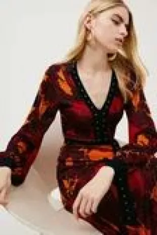 Karen Millen - Slinky Knit Studded Trim Mirrored Floral Belted Maxi Dress