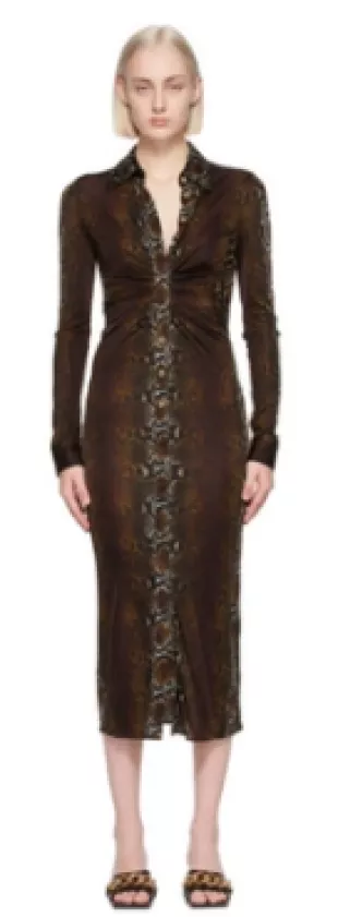 Versace - Ruched Snake Print Stretch Jersey Midi Shirt Dress