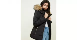 New Look - Black Faux Fur Trim Hooded Puffer Jacket