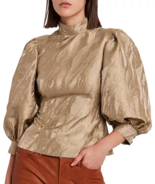 ganni - Gold Metallic Jacquard Brocade Puff Sleeve Blouse