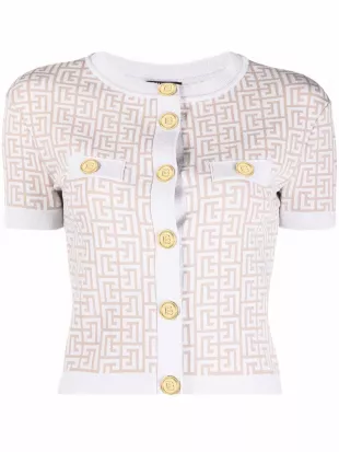 Balmain - Glitter Monogram-Knit Buttoned Short Cardigan