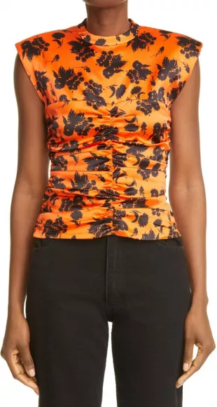 ganni - Floral Print Ruched Stretch Silk Satin Sleeveless Top