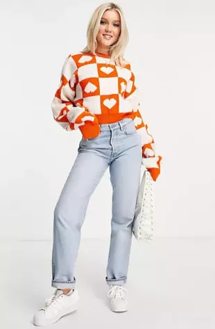 Topshop - Knitted Heart Check Boxy Crop Jumper