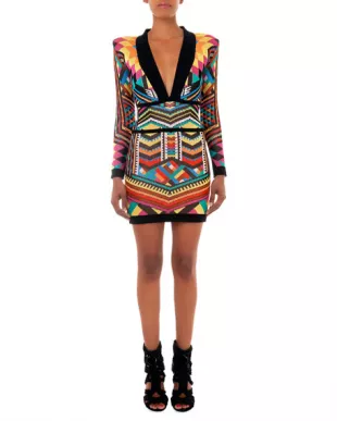 Balmain - Geometric Printed Knit Dress with Plunging Neckline