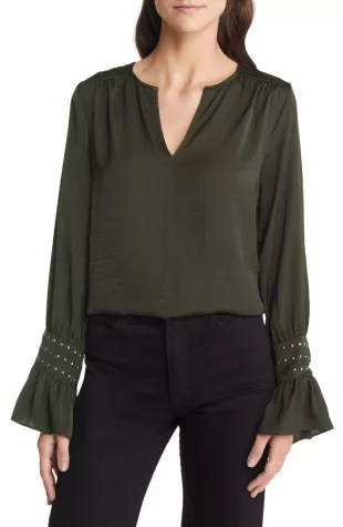 Vince Camuto - Studded Cuff Split Neck Blouse