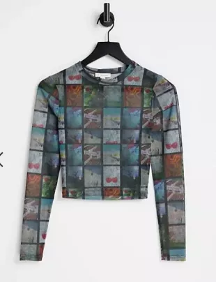 Topshop - Grid Image Mesh Long Sleeve Top