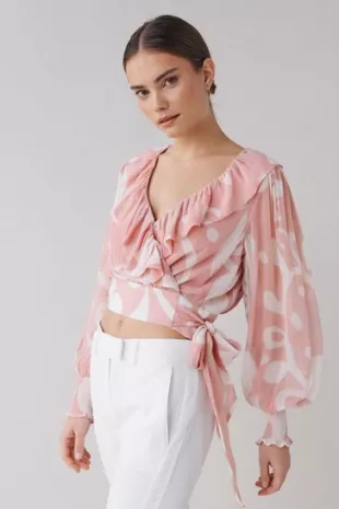 next - Abstract Floral Wrap Long Sleeve Ruffle Top