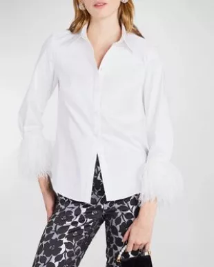 Kate Spade New York - Feather-Trim Button-Down Poplin Shirt