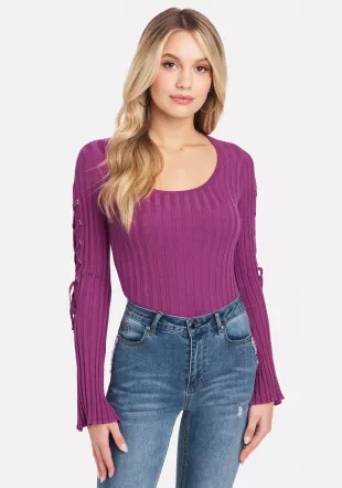 bebe - Scoop Neck Lace Up Bell Sleeve Sweater
