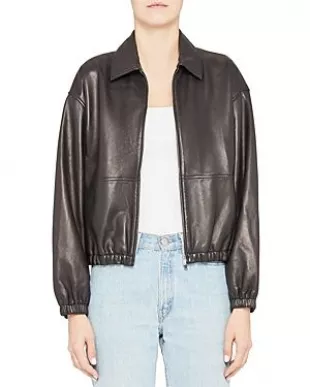 Theory - Cropped Leather Bomber Jacket