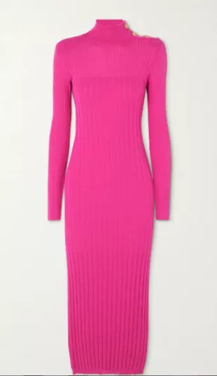 Balmain - Button-embellished Ribbed Wool Midi Dress