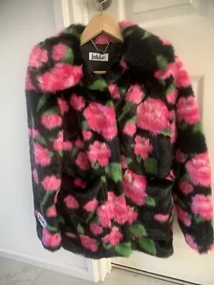 jakke - Mid Length Fluffy Rose Print Faux Fur Coat
