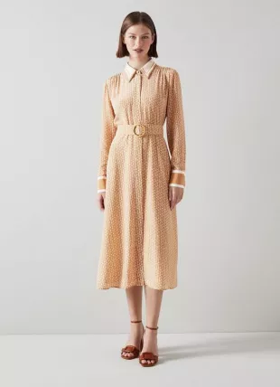 Lk Bennett - Kate Tan Key Print Silk Shirt Dress