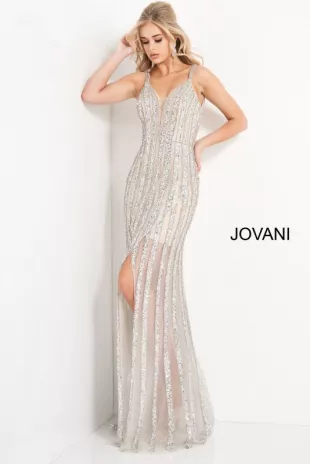 Jovani - Center Slit Stripe Dress