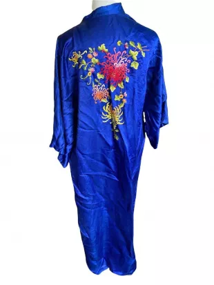 RebaJeansBoutique - Vtg Cobalt Blue Silk Kimono Robe Embroidered Floral ...