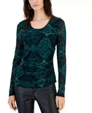 INC International Concepts - Women's Printed Side-Ruched Sheer-Sleeve Top